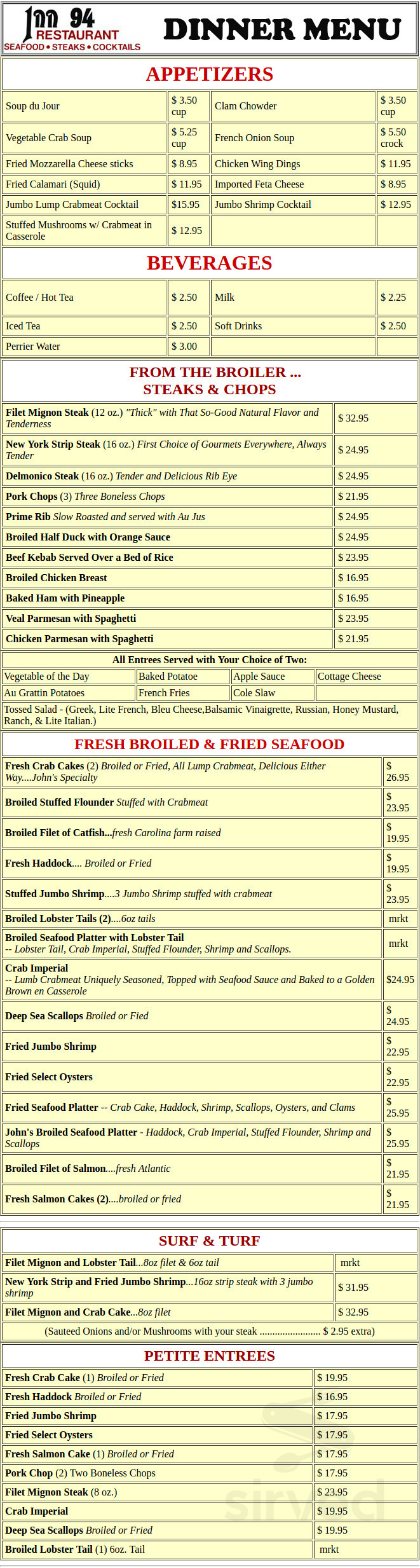 Menu for Inn 94 in New Oxford, PA | Sirved