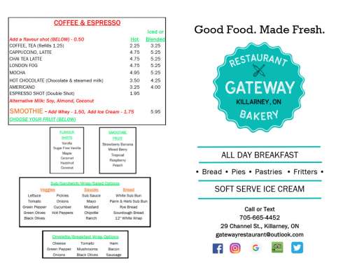 Gateway Restaurant and Bakery menu in Killarney, Ontario, Canada