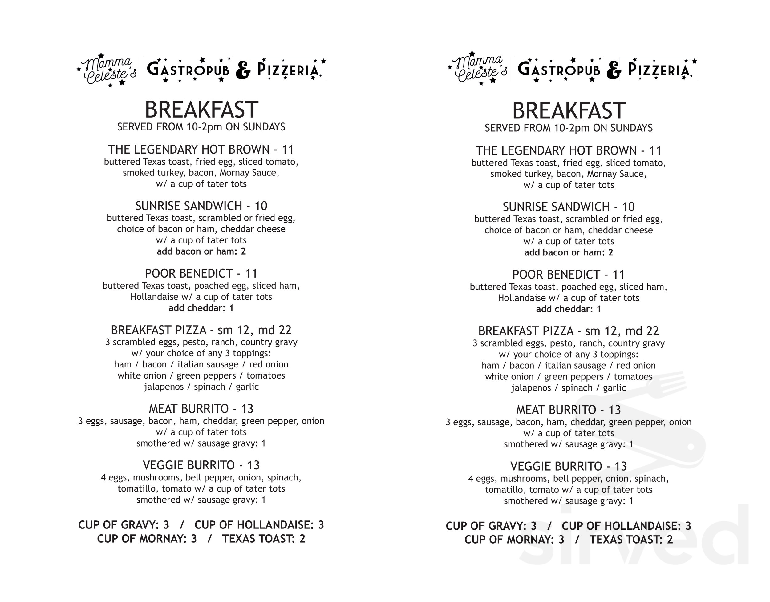 Mamma Celeste's Gastropub & Pizzeria menu in Sparks, Nevada, USA