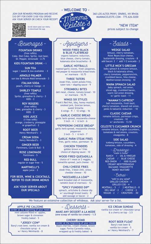 Mamma Celeste's Gastropub & Pizzeria menu in Sparks, Nevada, USA