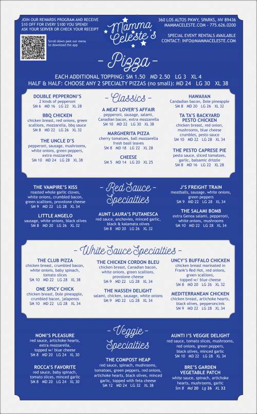 Mamma Celeste's Gastropub & Pizzeria menu in Sparks, Nevada, USA