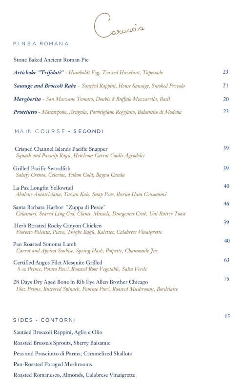 Caruso's menu in Montecito, California, USA
