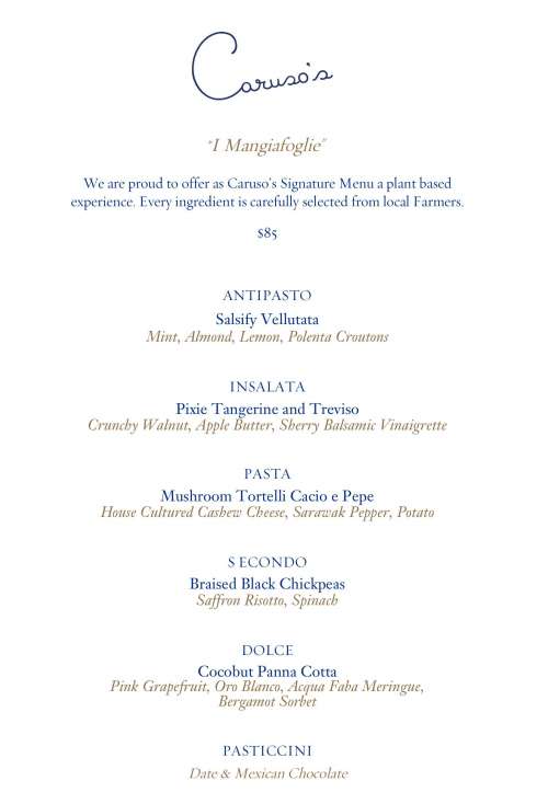 Caruso's menu in Montecito, California, USA