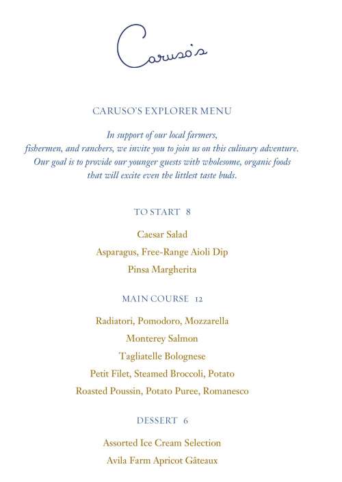 Caruso's menu in Montecito, California, USA
