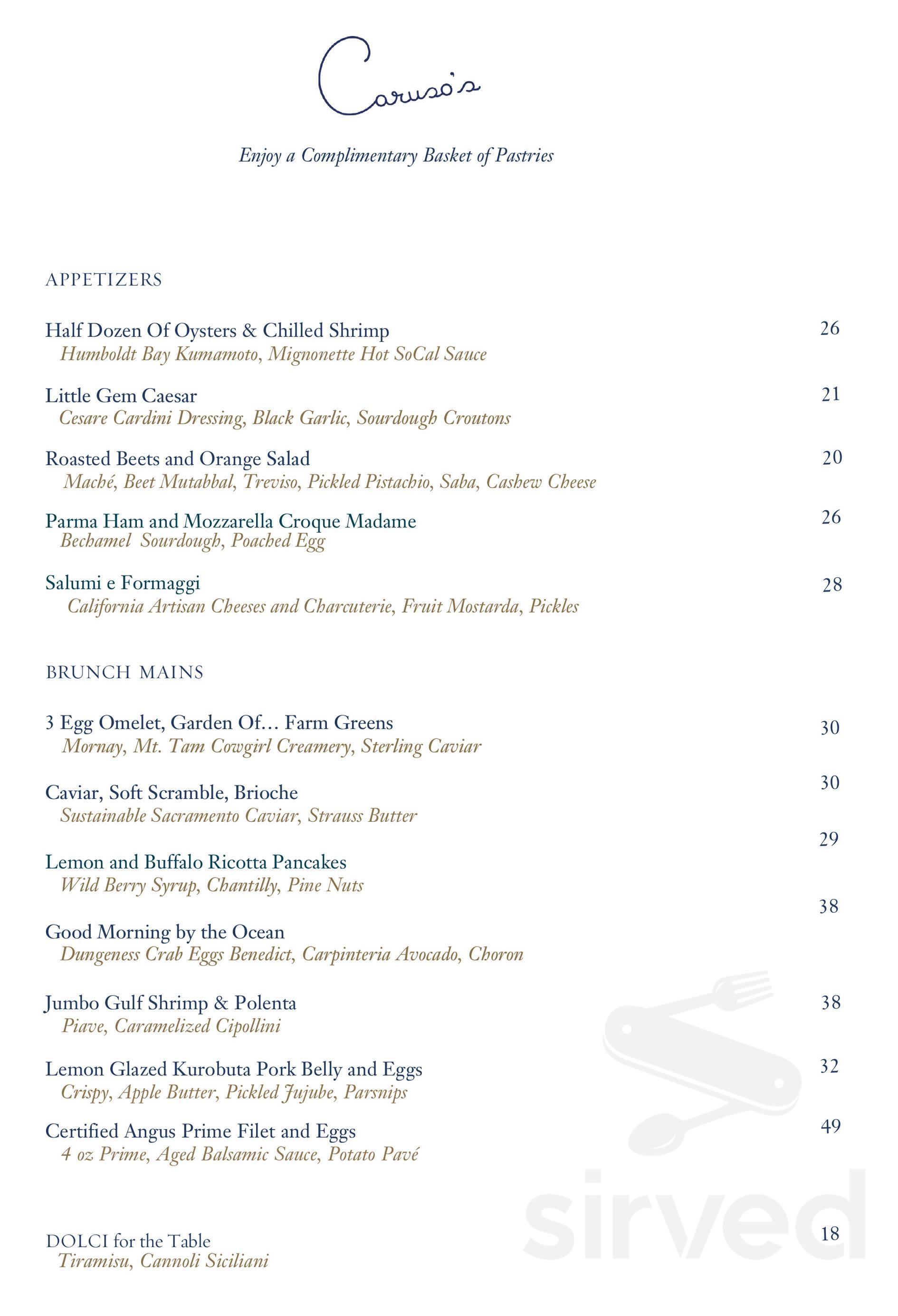 Caruso's menu in Montecito, California, USA