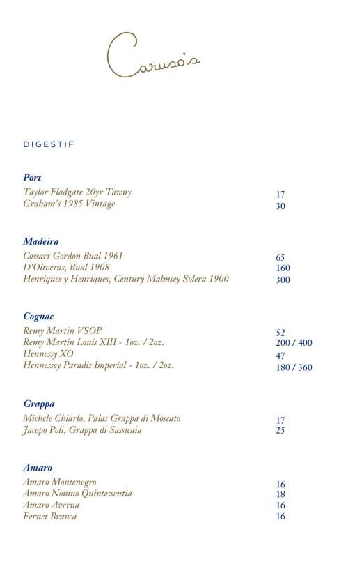 Caruso's menu in Montecito, California, USA