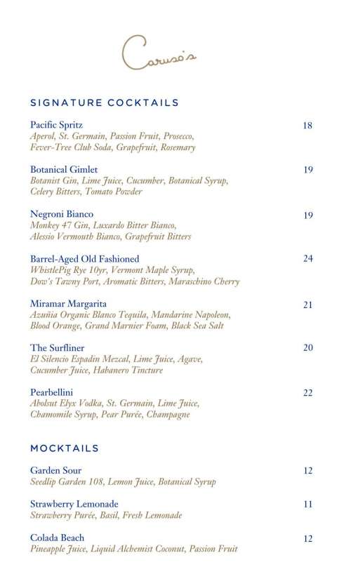 Caruso's menu in Montecito, California, USA