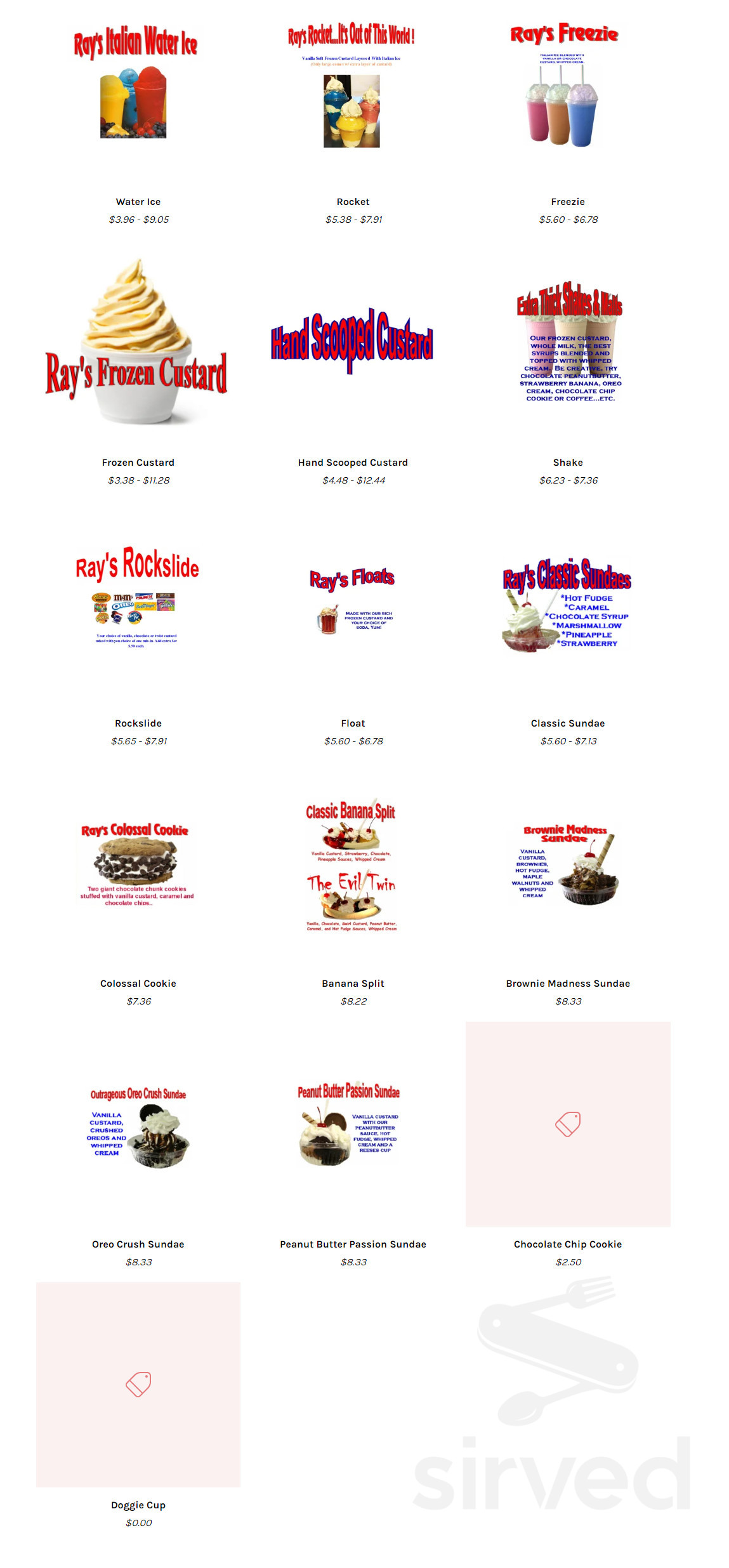 Ray's Italian Ice & Frozen Custard menu in Richmond, Virginia, USA
