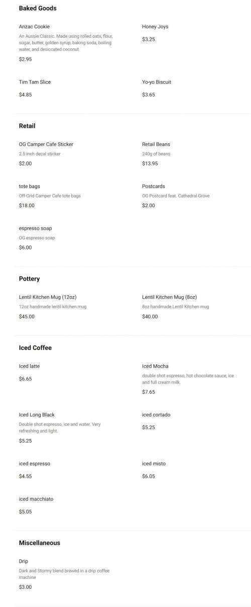 Off-Grid Camper Cafe menu in Port Alberni, British Columbia, Canada