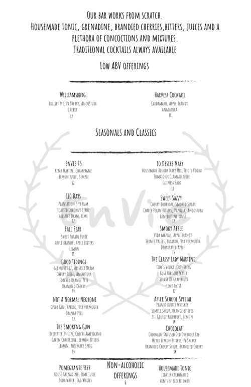 EnVie menu in Lansing, Michigan, USA