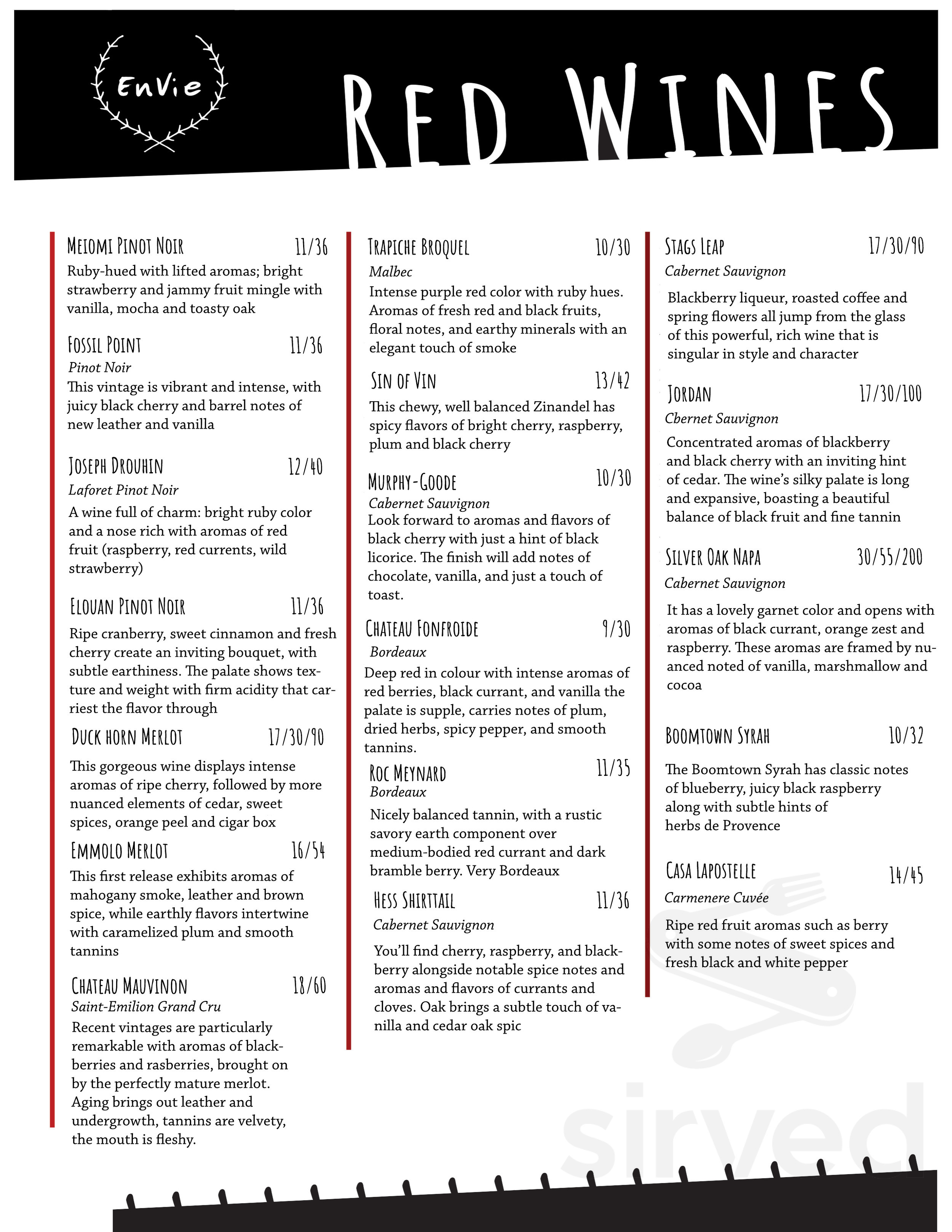 EnVie menu in Lansing, Michigan, USA