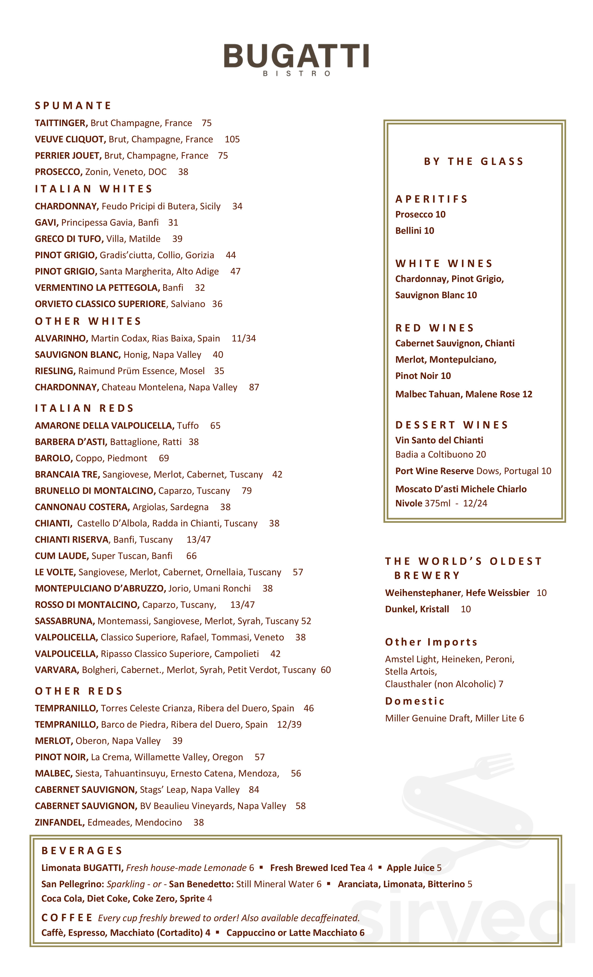 Bugatti Bistro menu in Coral Gables, Florida, USA