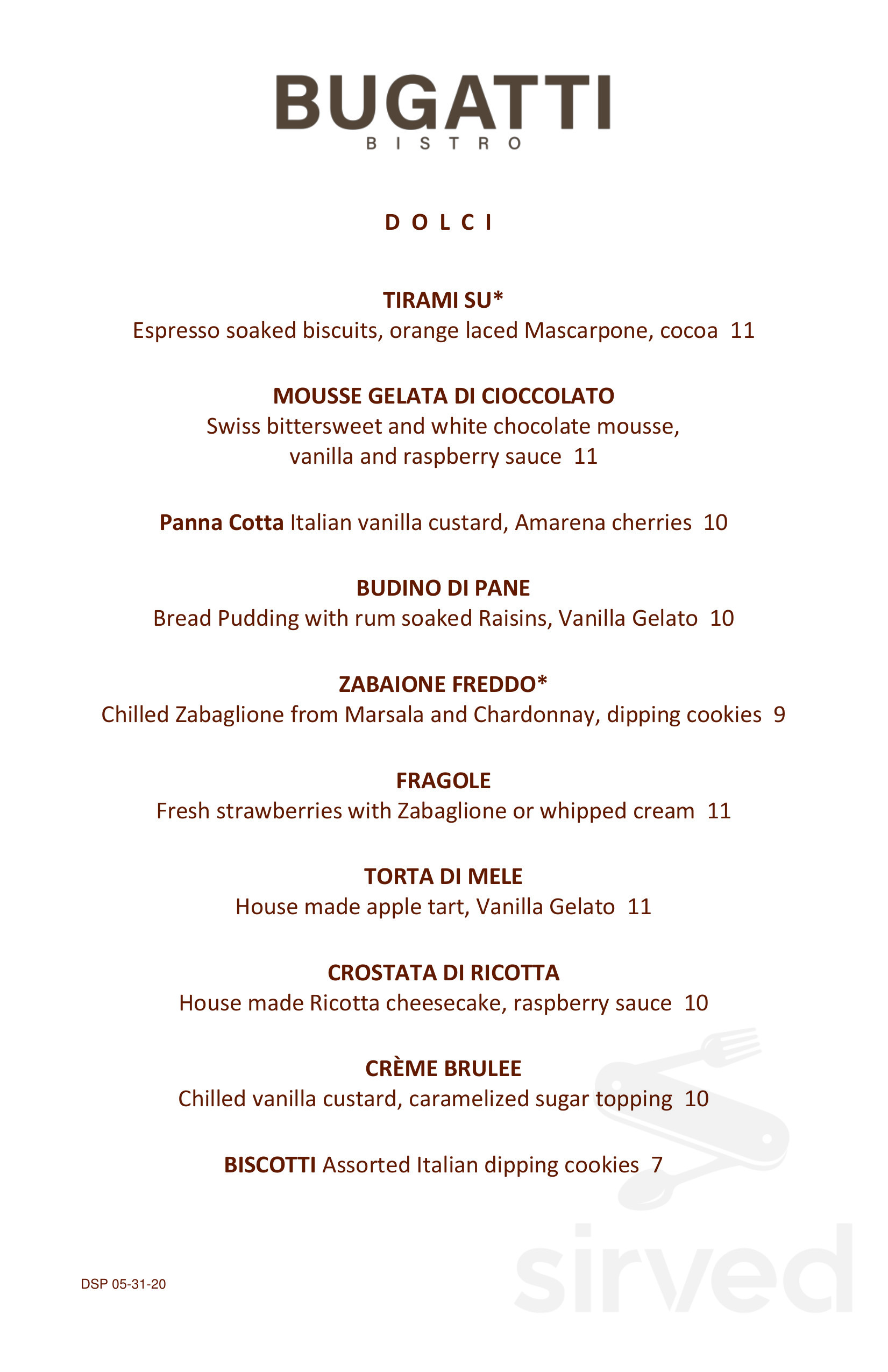 Bugatti Bistro menu in Coral Gables, Florida, USA