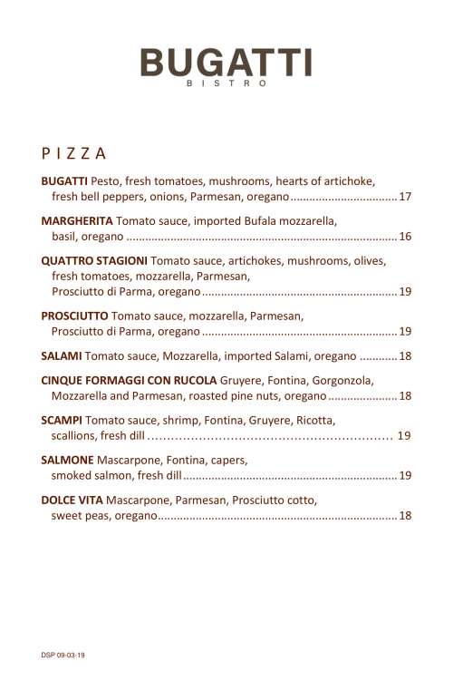 Bugatti Bistro menu in Coral Gables, Florida, USA