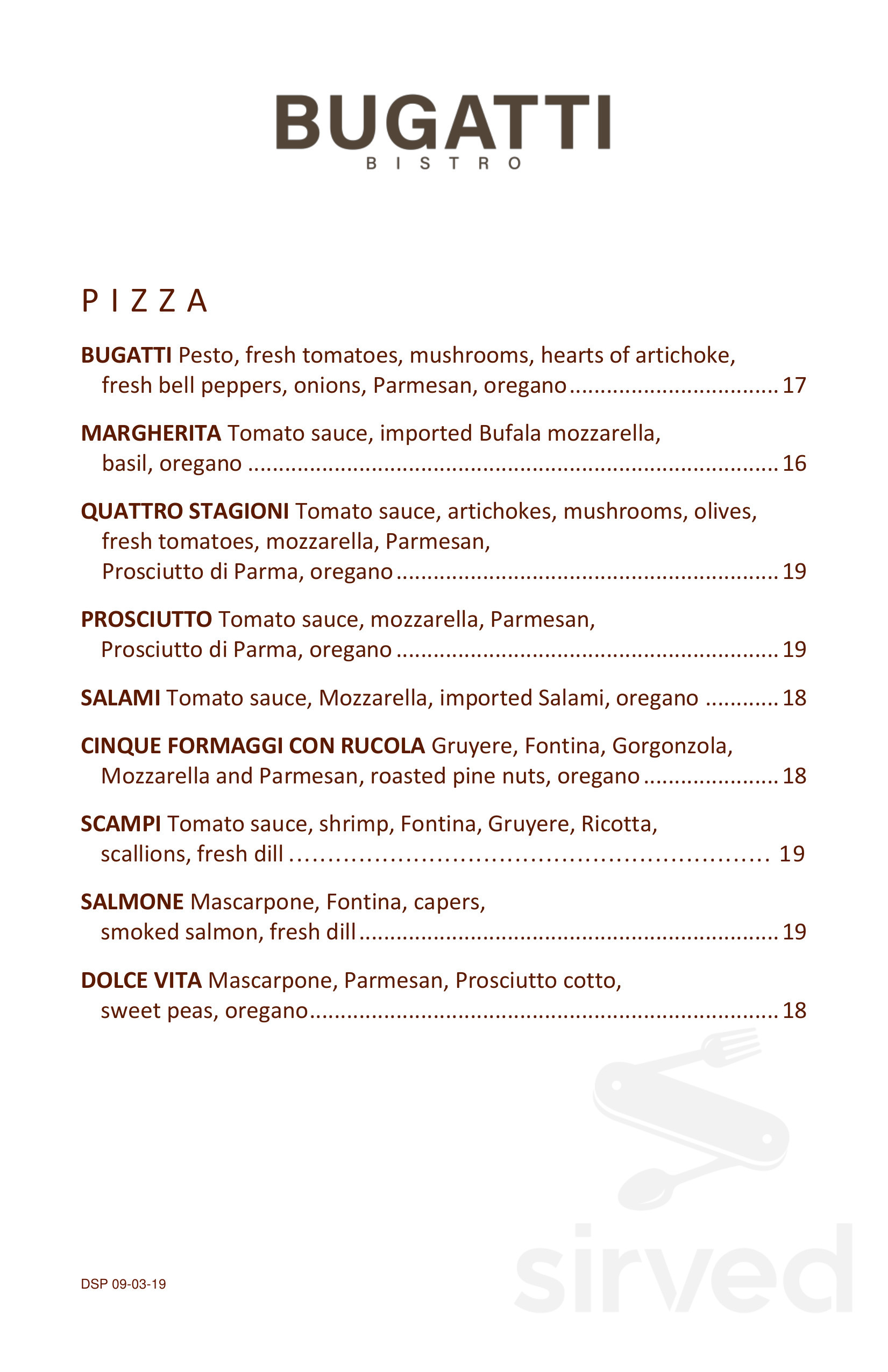 Bugatti Bistro menu in Coral Gables, Florida, USA