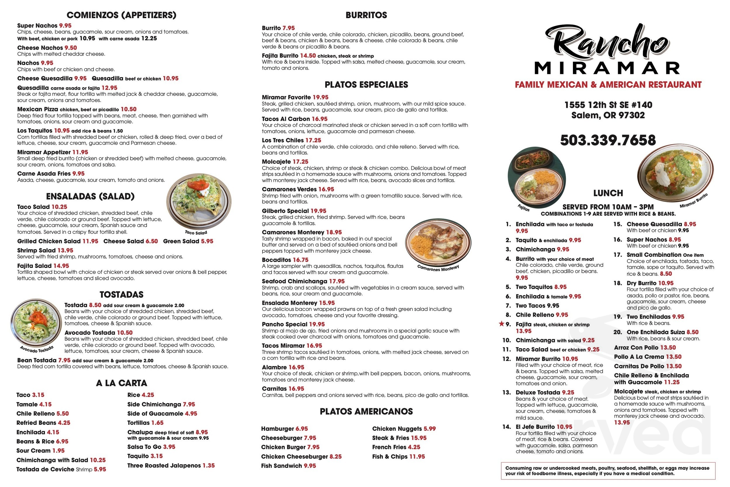 Rancho Miramar menu in Salem, Oregon, USA
