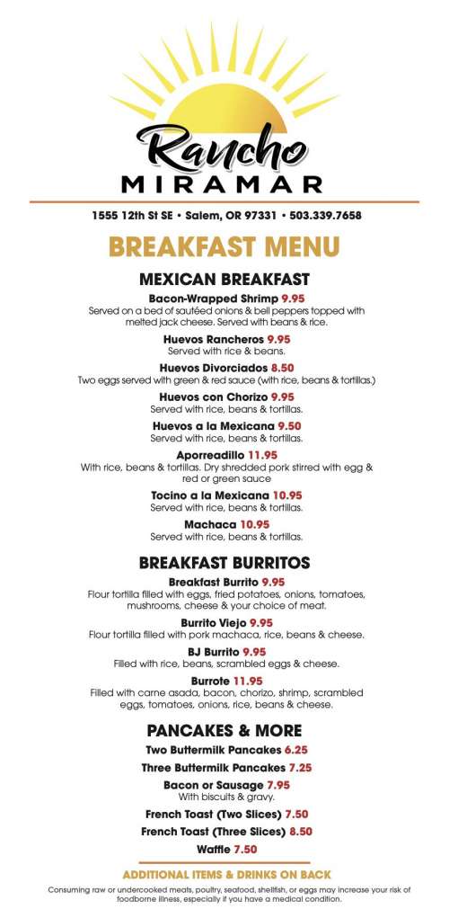 Rancho Miramar menu in Salem, Oregon, USA