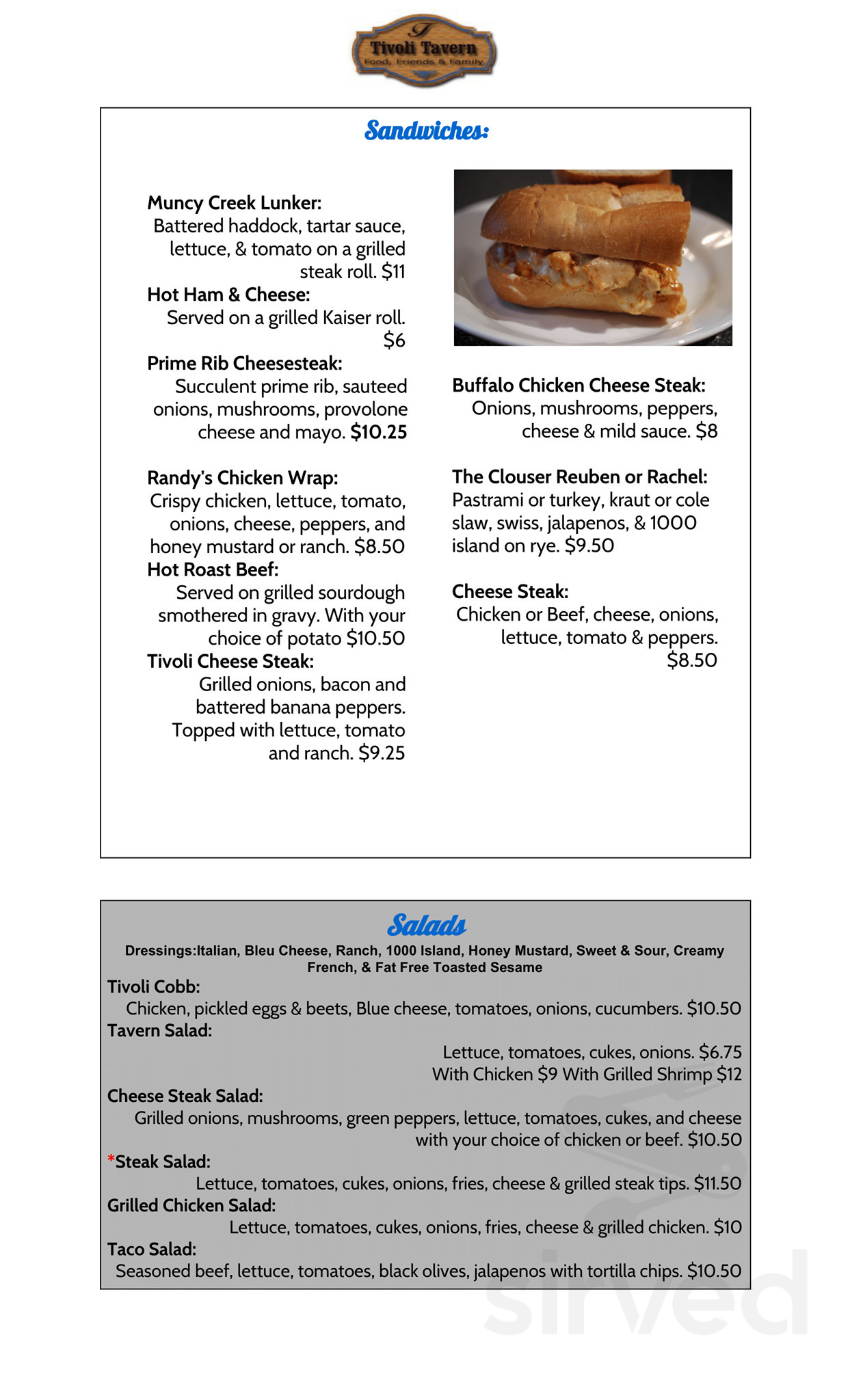 Tivoli Tavern menu in Hughesville, Pennsylvania, USA