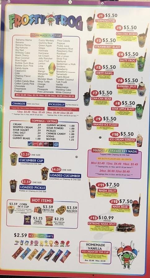 Frosty Frog menu in Dublin, Georgia, USA