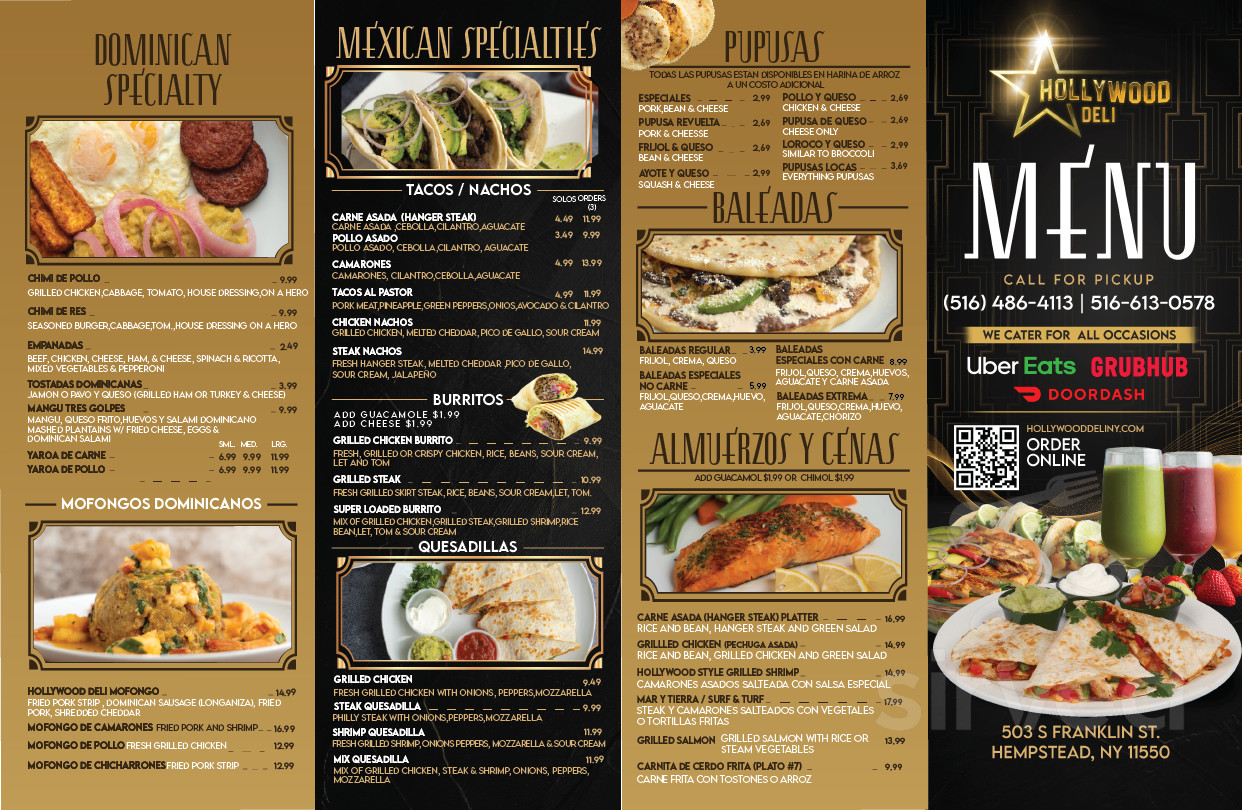 Hollywood deli menu in Hempstead, New York, USA