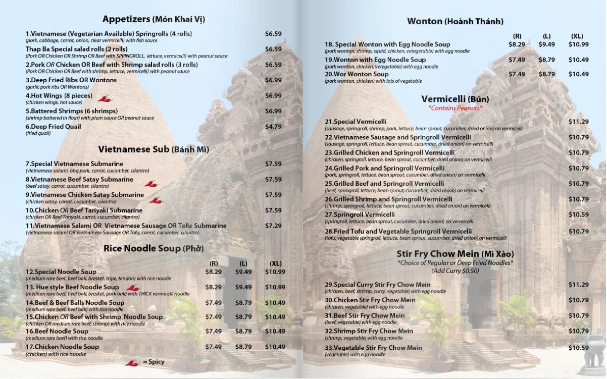 Thap Ba Restaurant Vietnamese menus in Red Deer, Alberta, Canada