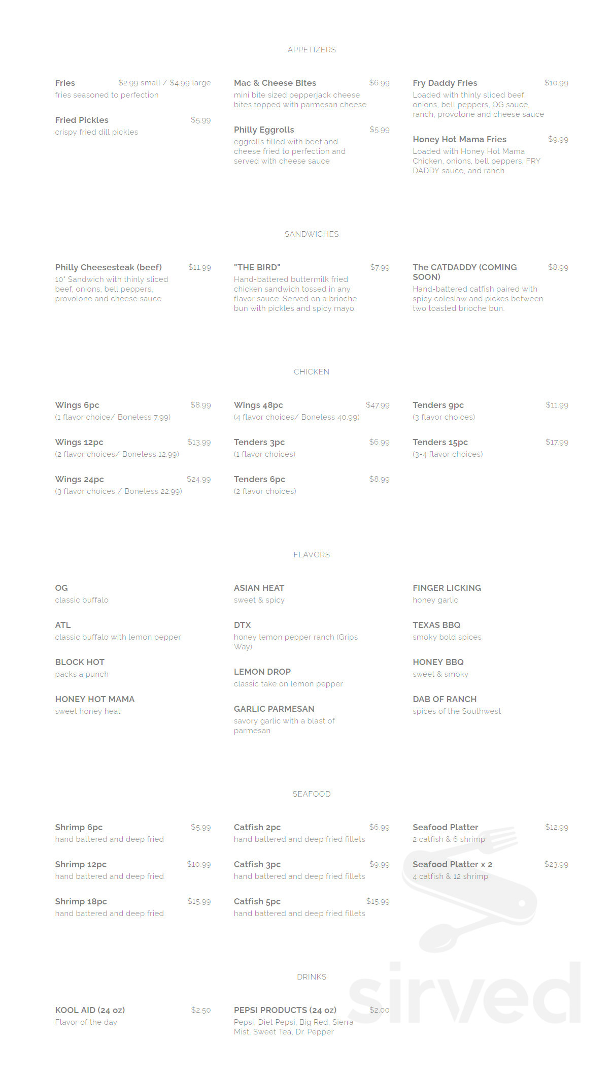 Fry Daddys menu in Dallas, Texas, USA