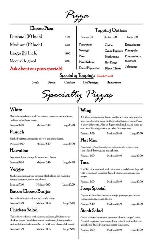 Joey's menu in Houtzdale, Pennsylvania, USA