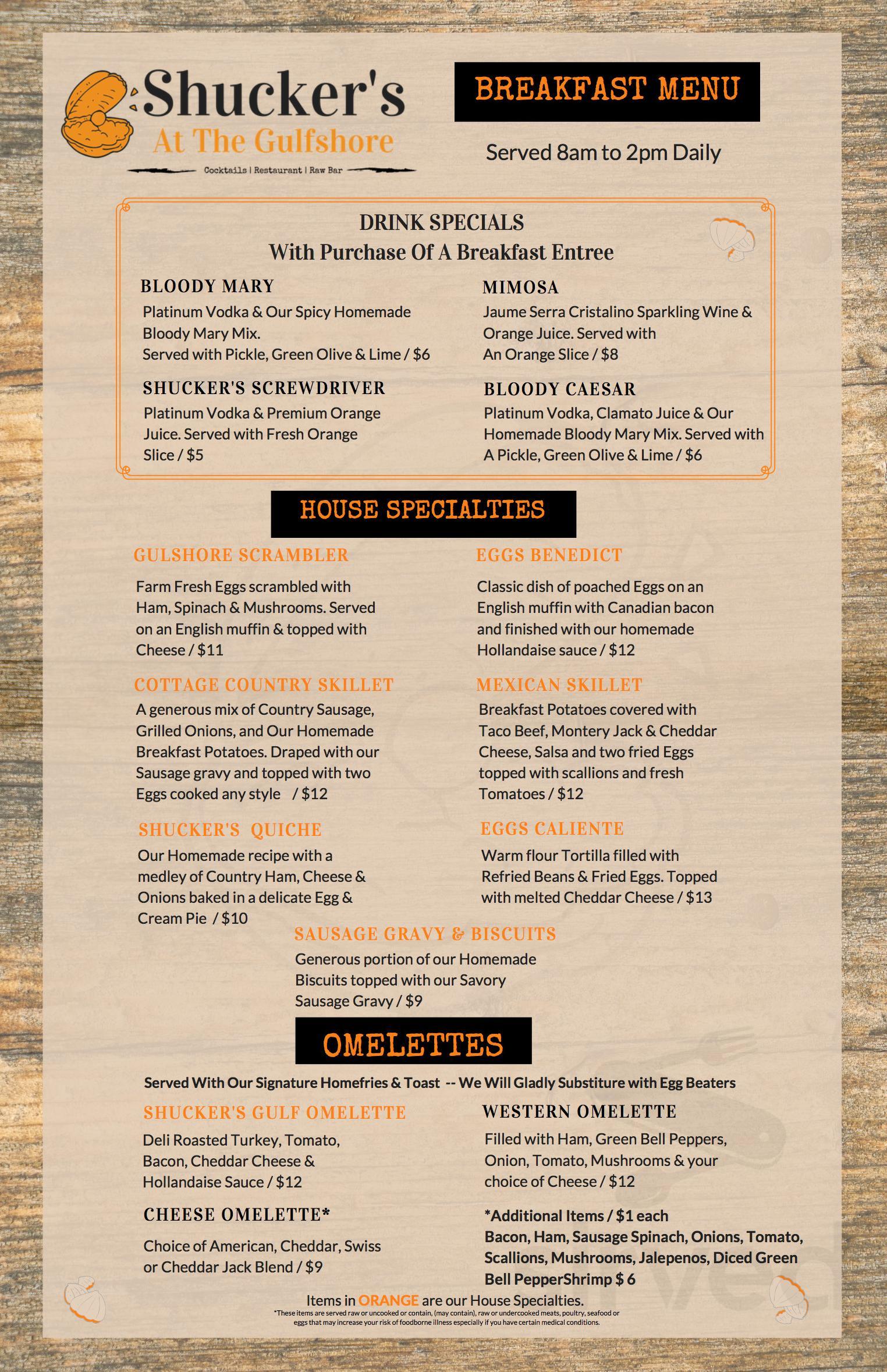 Shucker's at the Gulfshore and The Cottage Bar menu in Fort Myers Beach ...