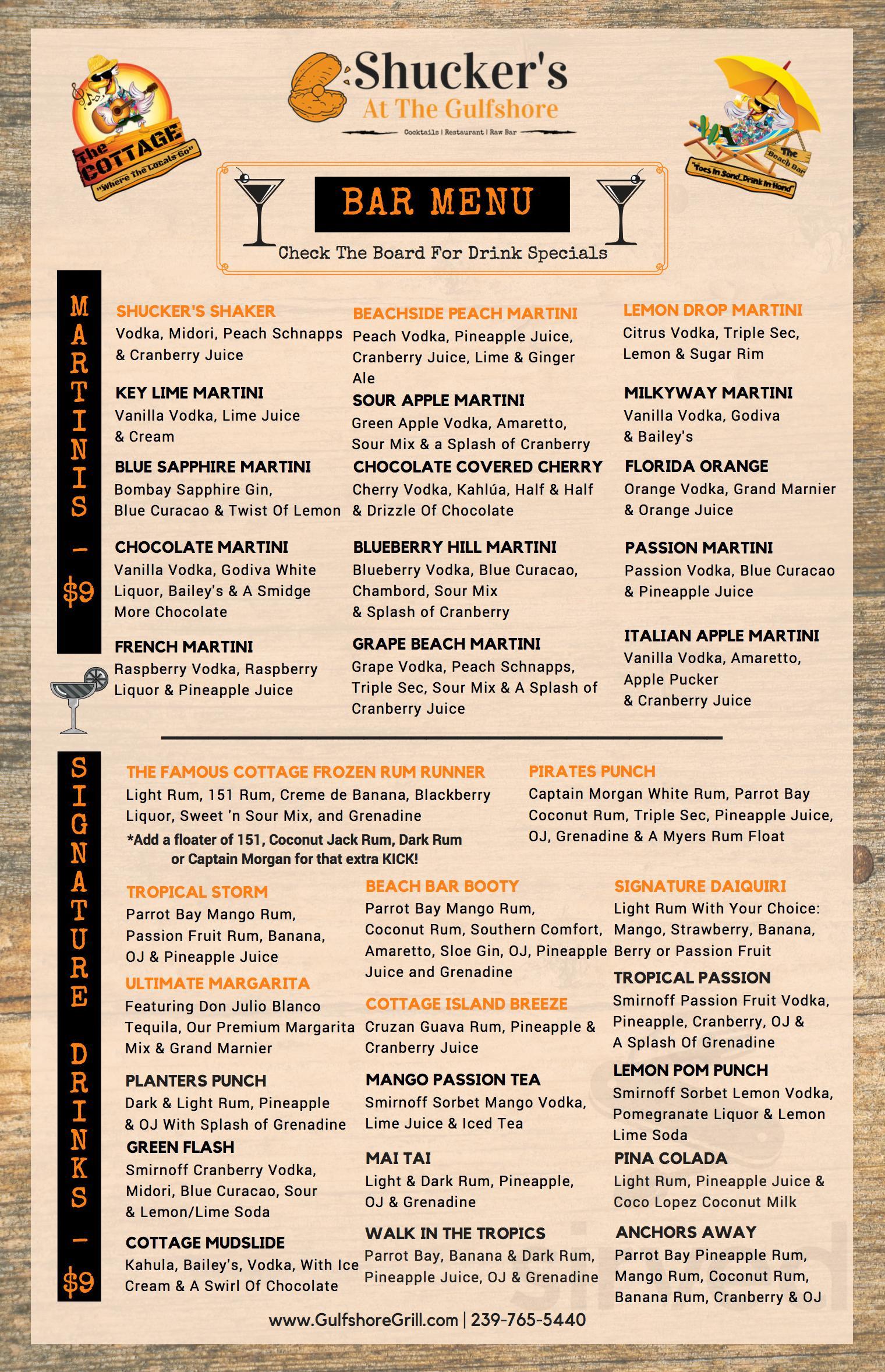 Shucker's at the Gulfshore and The Cottage Bar menu in Fort Myers Beach ...
