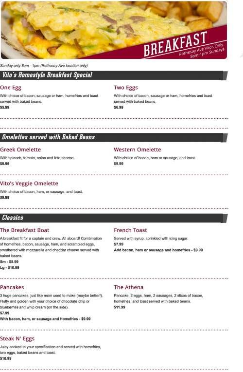 Vito's menu in Rothesay, New Brunswick, Canada