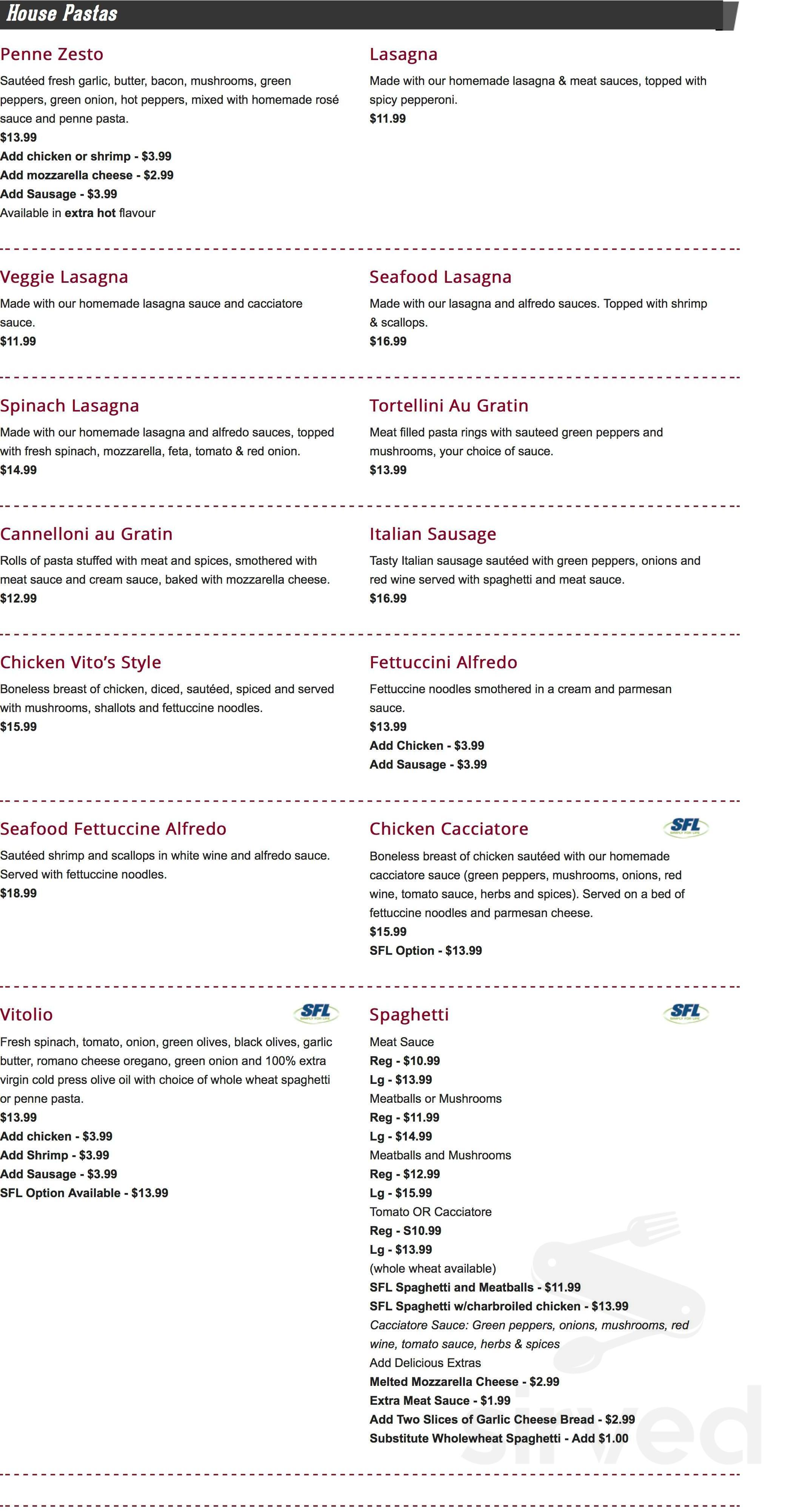 Vito's menus in Rothesay, New Brunswick, Canada