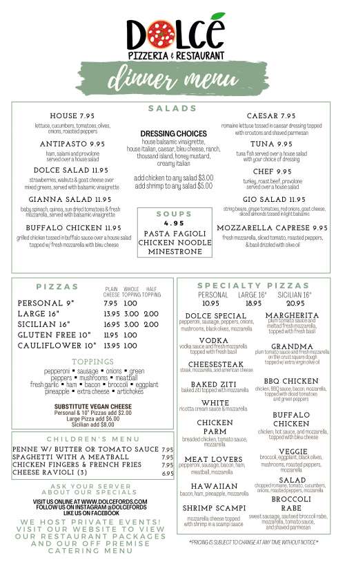 Dolce Pizzeria & Restaurant menu in Fords, New Jersey, USA
