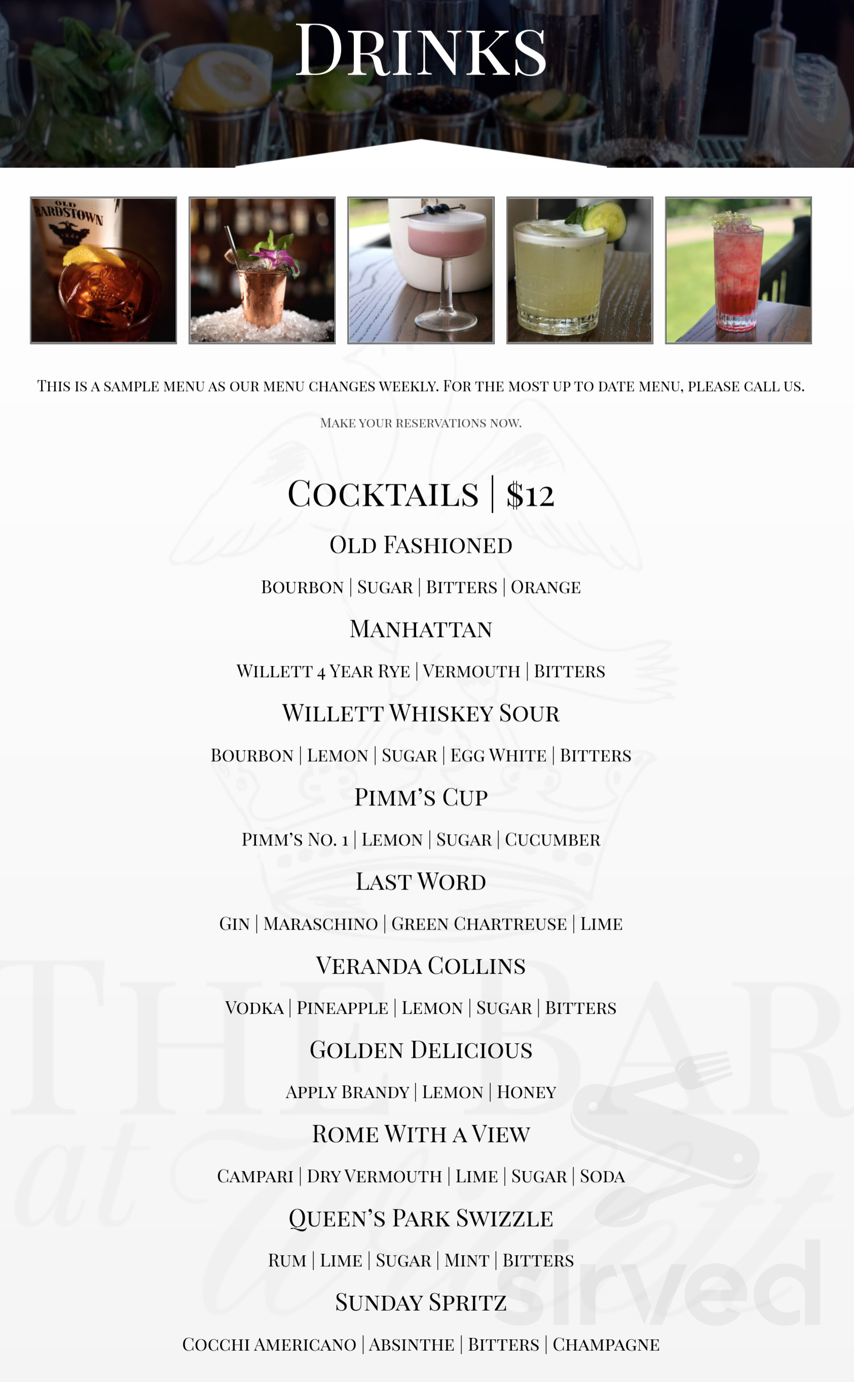 The Bar at Willett menu in Bardstown, Kentucky, USA