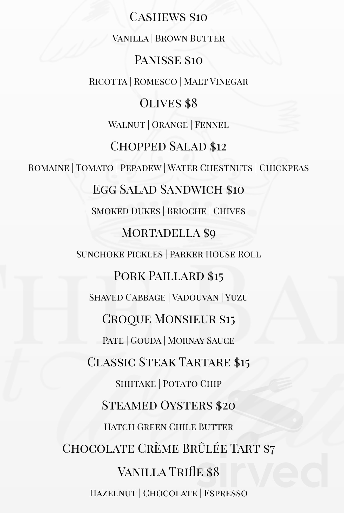 Menu for The Bar at Willett in Bardstown, KY | Sirved