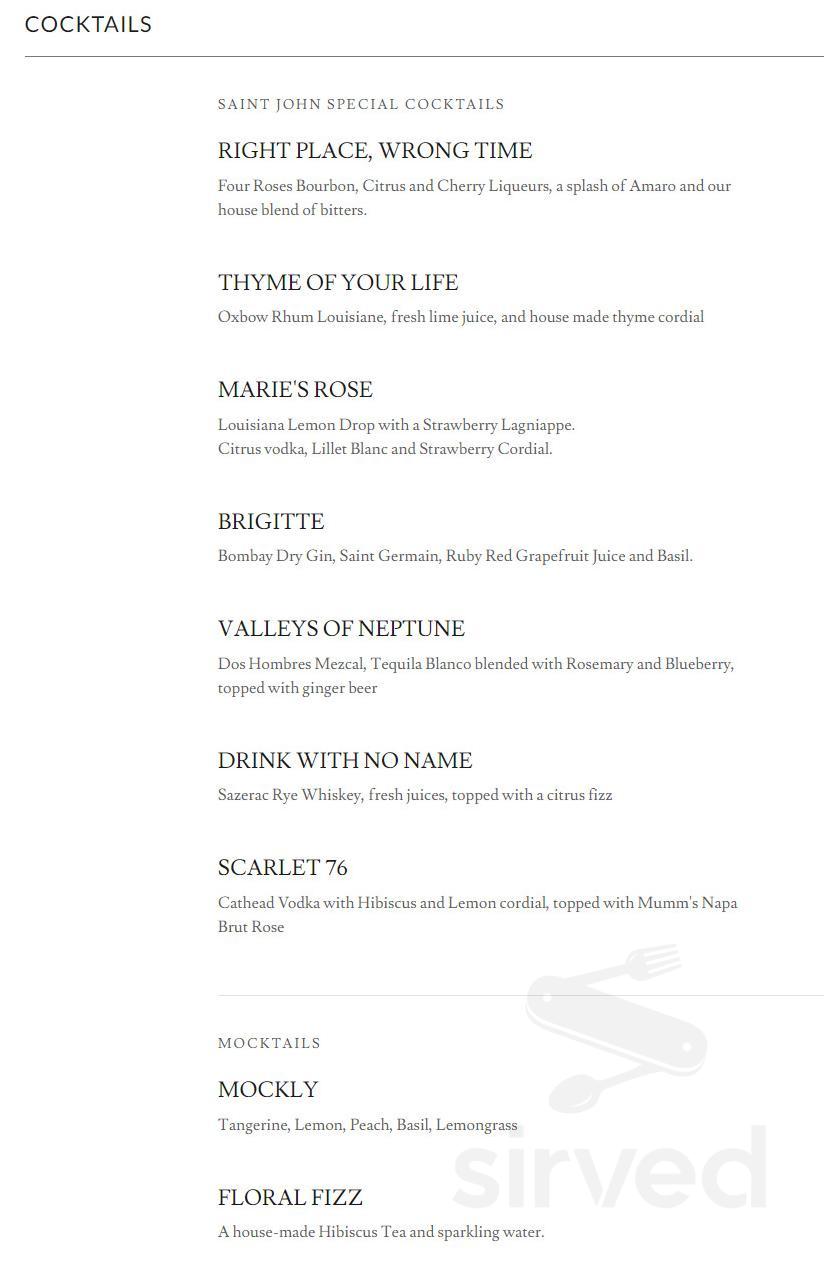 Saint John menu in New Orleans, Louisiana, USA