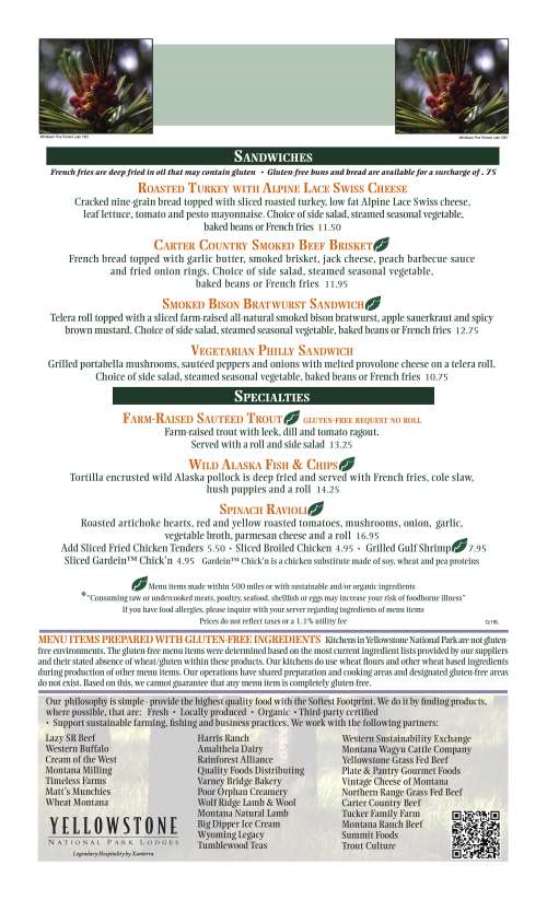 Grant Village Dining Room menu in Yellowstone National Park, Wyoming, USA