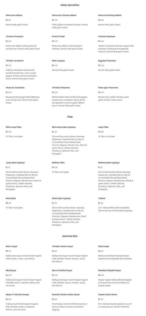 Mama T's Italian Eatery menu in Elkhorn, Wisconsin, USA