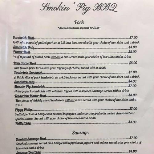 Smokin Pig BBQ menu in Greeneville, Tennessee, USA
