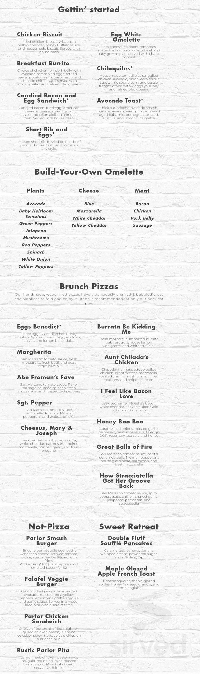 Parlor Pizza Bar River North menu in Chicago, Illinois, USA