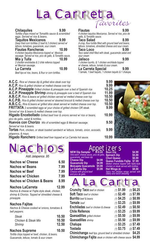 La Carreta Mexican Restaurant menu in Sevierville, Tennessee, USA
