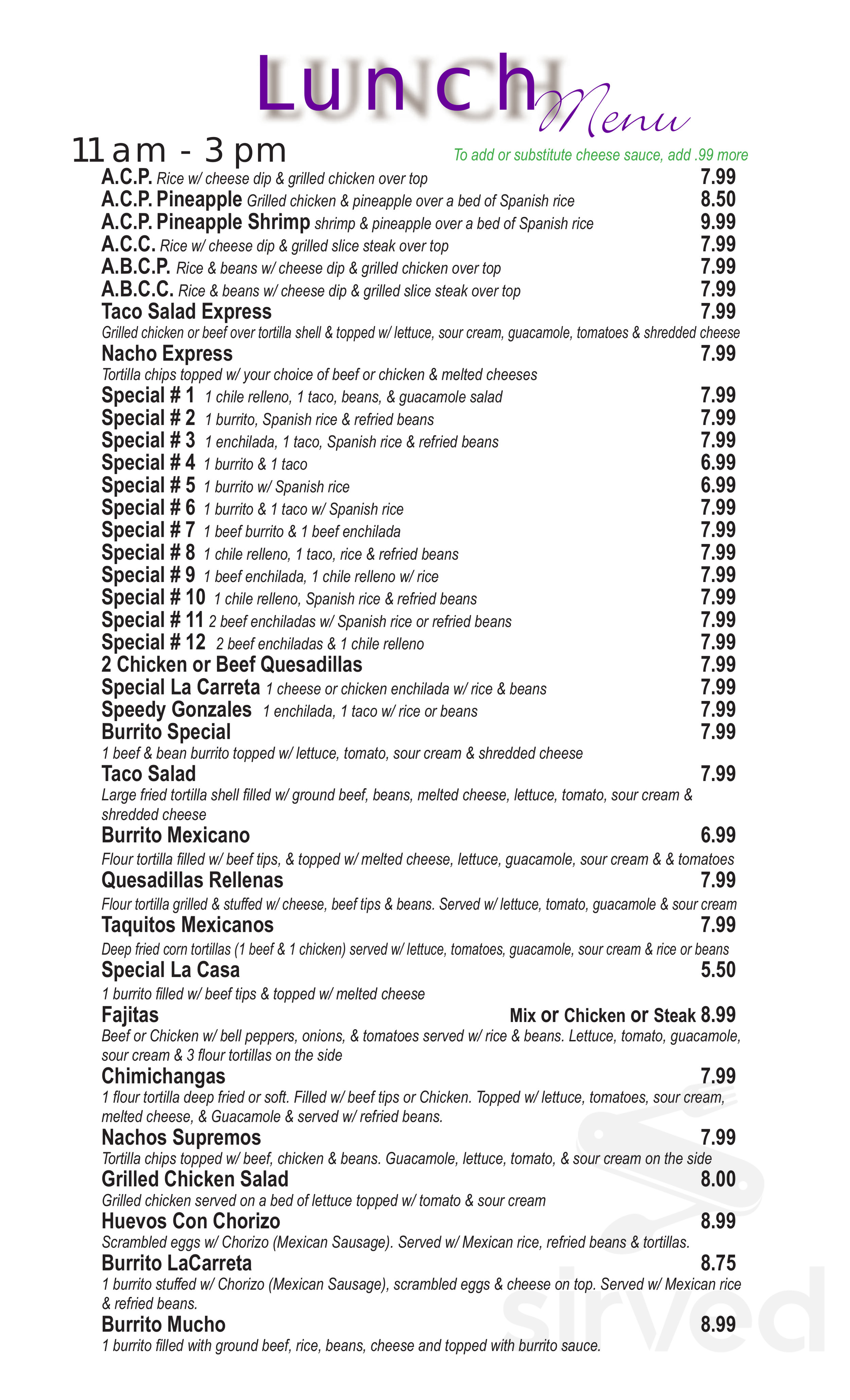 La Carreta Mexican Restaurant menu in Sevierville, Tennessee, USA