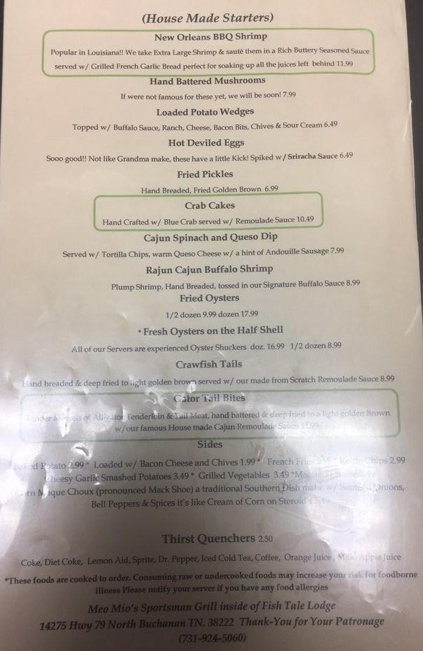 Menu - Buchanan TN's Meo Mio's Sportsman Grill | Sirved