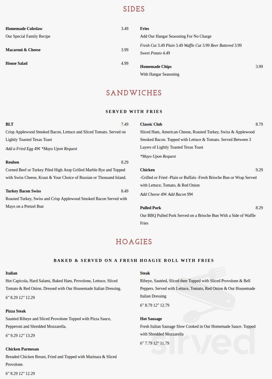 The Hangar menu in Coraopolis, Pennsylvania, USA