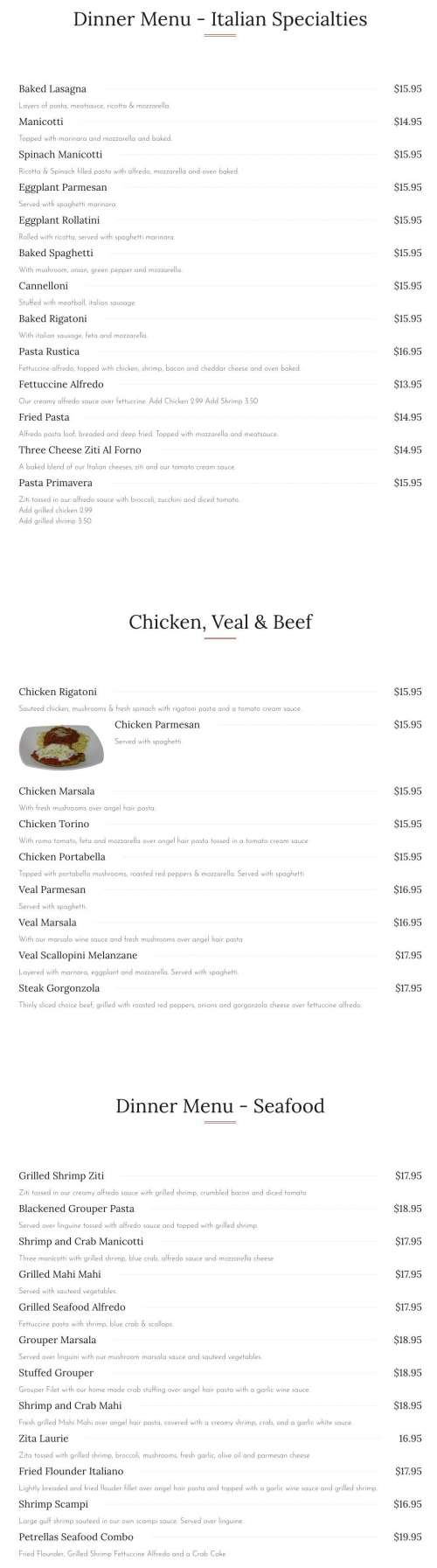 Petrella's Italian Cafe menu in Pensacola, Florida, USA