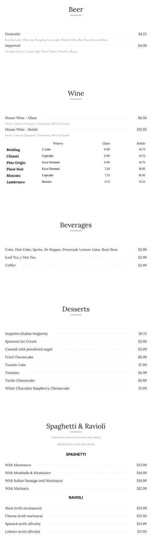 Petrella's Italian Cafe menu in Pensacola, Florida, USA