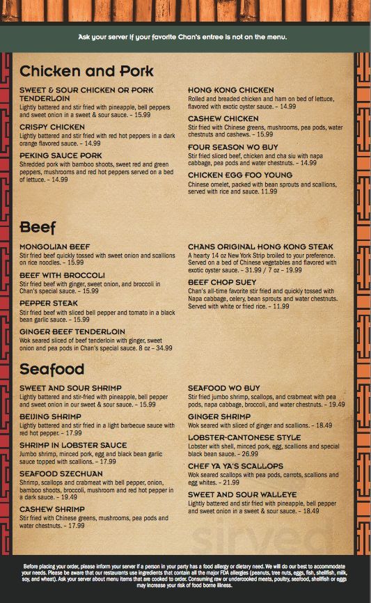 Joe Chan's Bistro menu in Muskegon, Michigan, USA