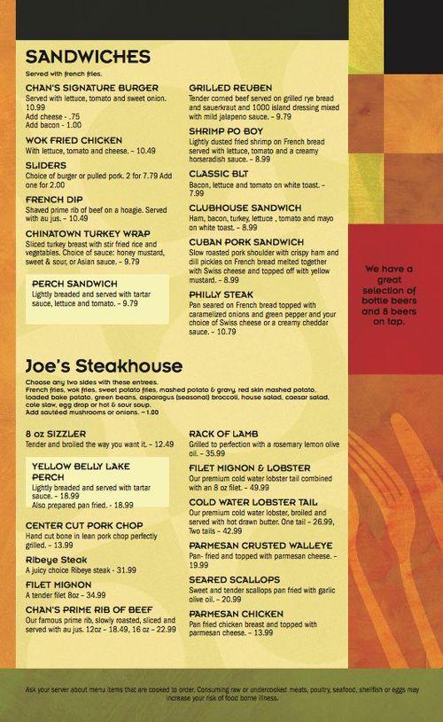 Joe Chan's Bistro menu in Muskegon, Michigan, USA