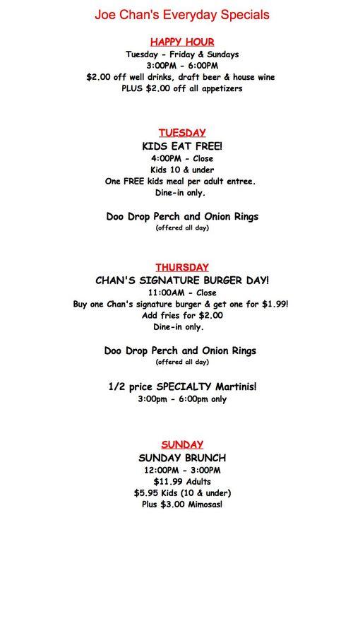 Joe Chan's Bistro menu in Muskegon, Michigan, USA