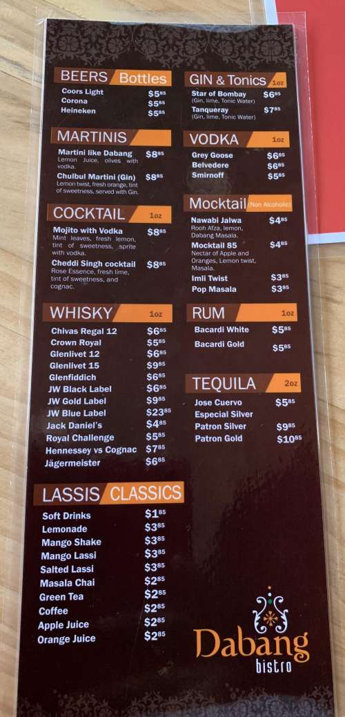 Dabang Bistro menu in Brampton, Ontario, Canada