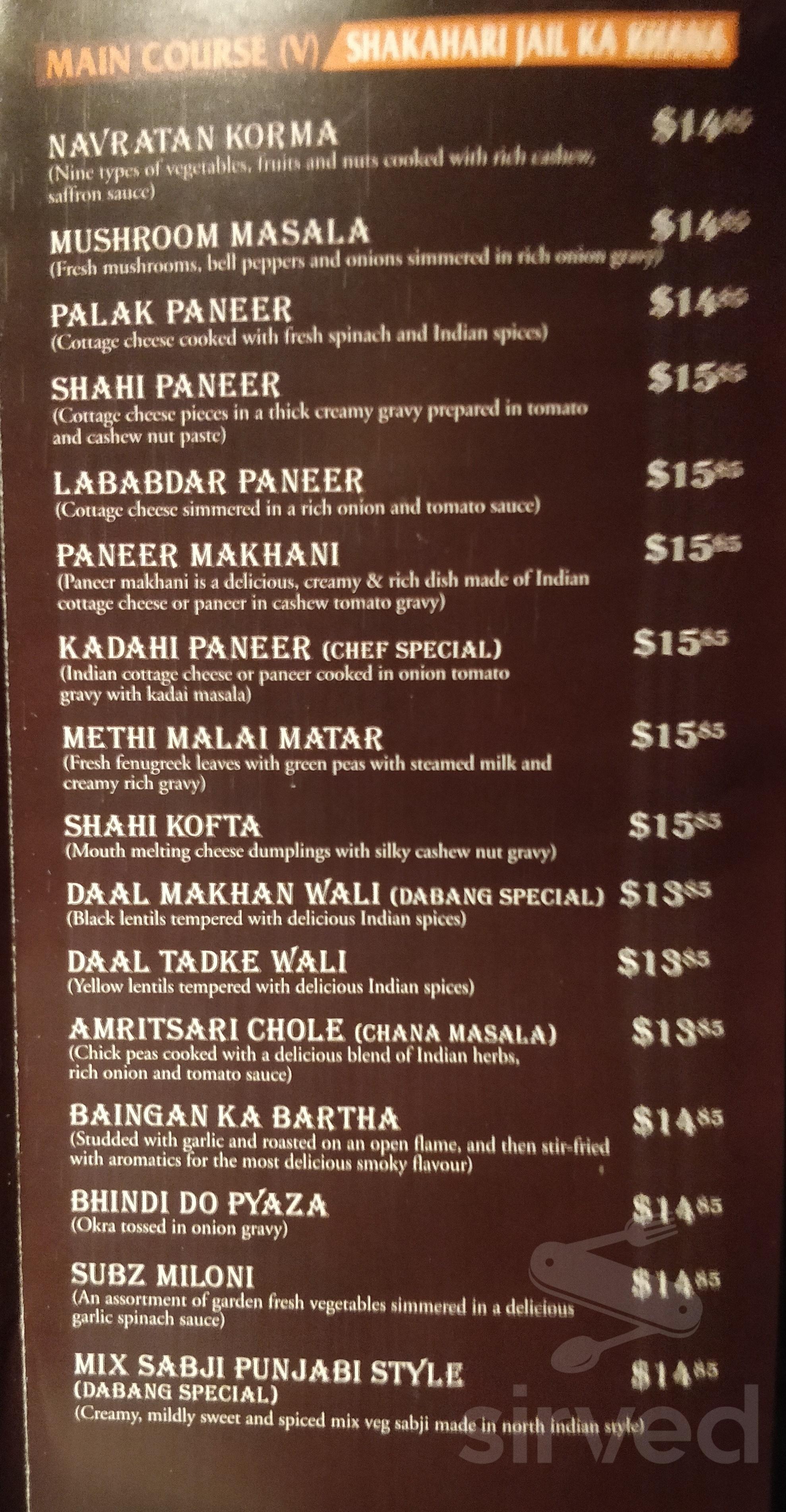 Dabang Bistro menu in Brampton, Ontario, Canada